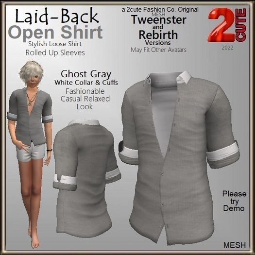 Second Life Marketplace - Laid-Back Open Shirt [2cute] White C&C Ghost Gray